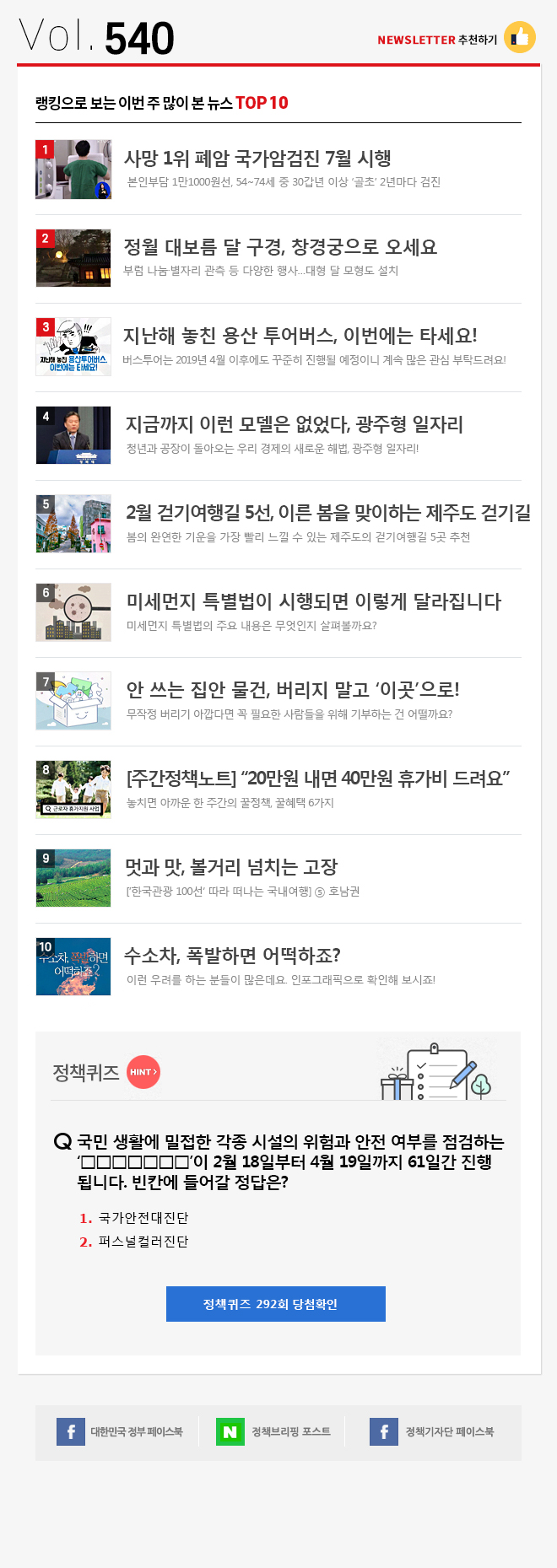[Vol.540] 사망 1위 폐암 국가암검진 7월 시행…본인부담 1만1000원선 | 뉴스레터 목록보기 | 뉴스레터 | 구독&참여 | 대한민국 정책브리핑